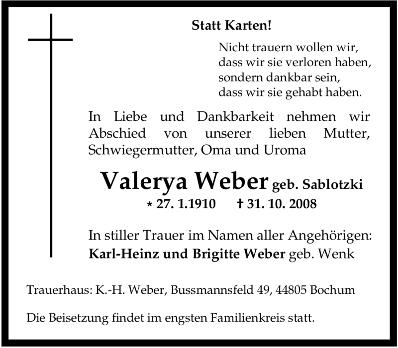 Traueranzeigen Von Valerya Weber Trauer In Nrwde