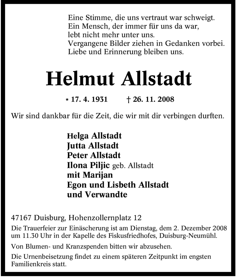Traueranzeigen von Helmut Allstadt | Trauer-in-NRW.de