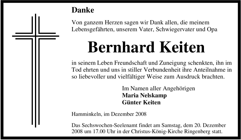 Traueranzeigen von Bernhard Keiten | Trauer-in-NRW.de