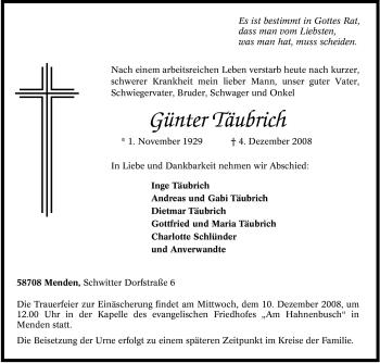 Traueranzeigen von Günter Täubrich | Trauer-in-NRW.de