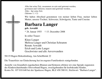 Traueranzeigen von Barbara Langer | Trauer-in-NRW.de