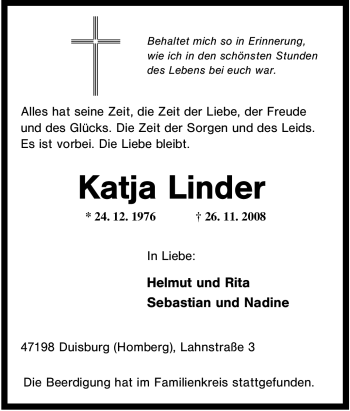 Traueranzeigen von Katja Linder | Trauer-in-NRW.de