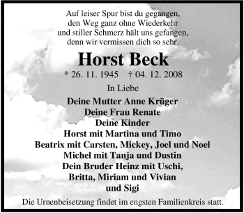 Traueranzeigen von Horst Beck | Trauer-in-NRW.de