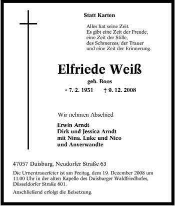Traueranzeigen von Elfriede Weiß | Trauer-in-NRW.de