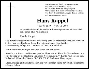 Traueranzeigen von Hans Kappel | Trauer-in-NRW.de