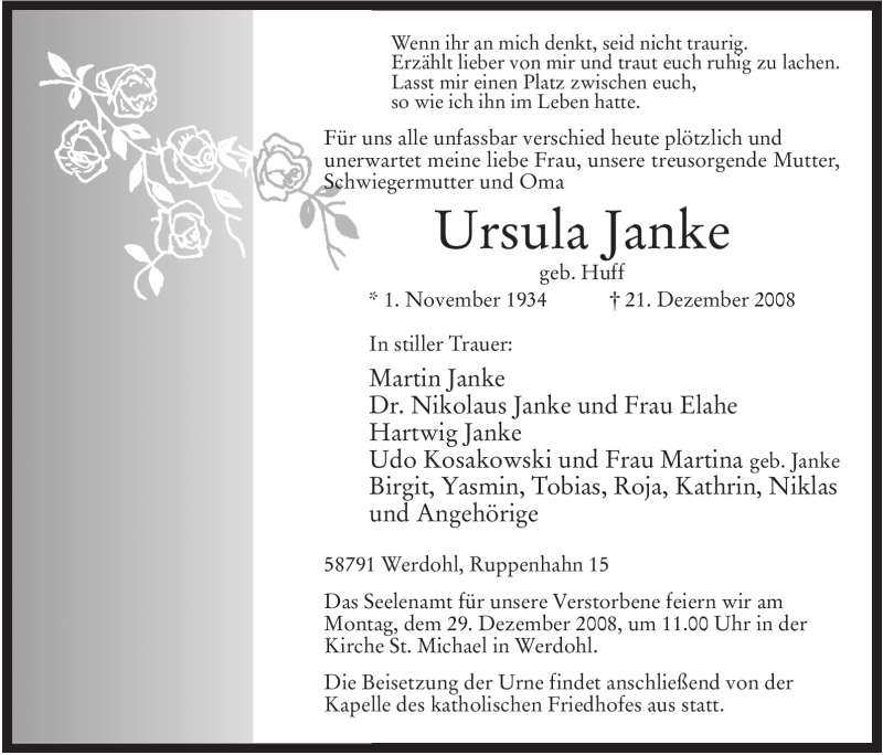 Traueranzeigen von Ursula Janke | Trauer-in-NRW.de