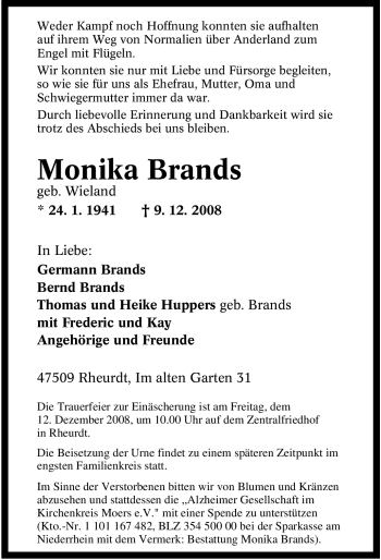 Traueranzeigen von Monika Brands | Trauer-in-NRW.de