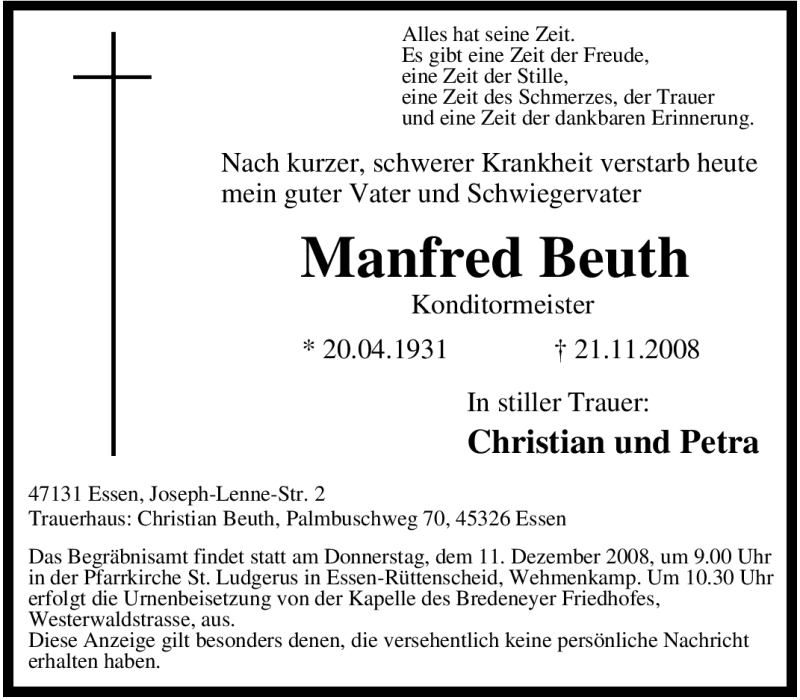 Traueranzeigen von Manfred Beuth | Trauer-in-NRW.de