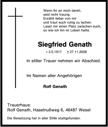 Traueranzeigen von Siegfried Genath | Trauer-in-NRW.de
