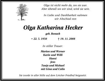 Traueranzeigen von Olga Katharina Hecker | Trauer-in-NRW.de