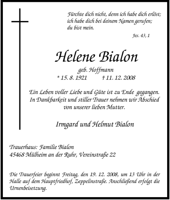 Traueranzeigen von Helene Bialon | Trauer-in-NRW.de