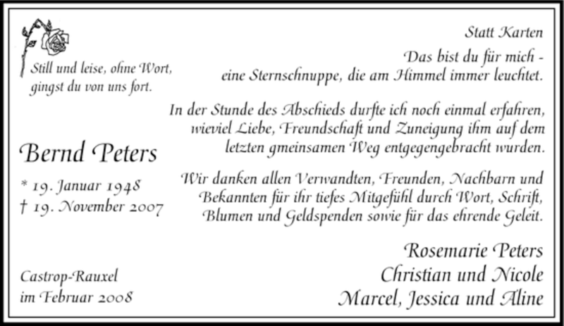 Traueranzeigen von Bernd Peters | Trauer-in-NRW.de