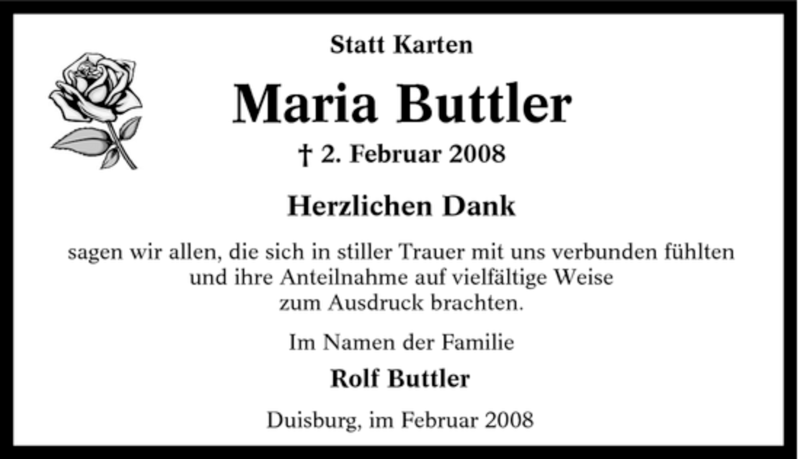 Traueranzeigen von Maria Buttler | Trauer-in-NRW.de