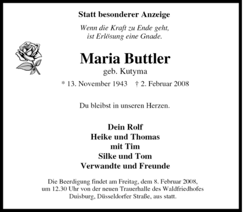 Traueranzeigen von Maria Buttler | Trauer-in-NRW.de