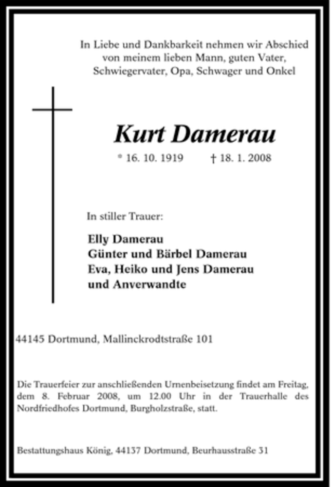 Traueranzeigen von Kurt Damerau | Trauer-in-NRW.de
