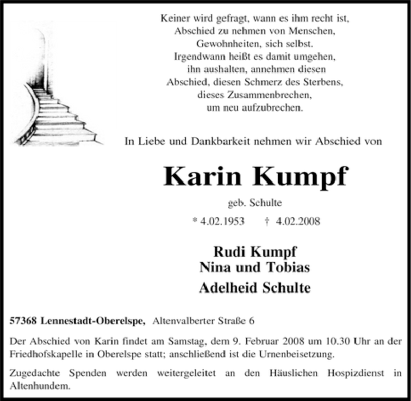 Traueranzeigen von Karin Kumpf | Trauer-in-NRW.de