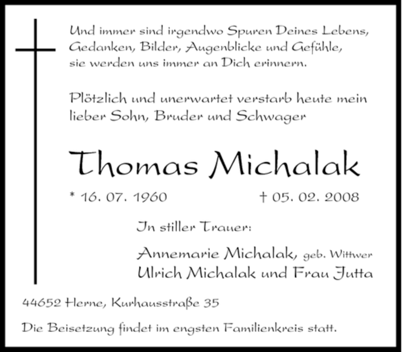 Traueranzeigen von Thomas Michalak | Trauer-in-NRW.de
