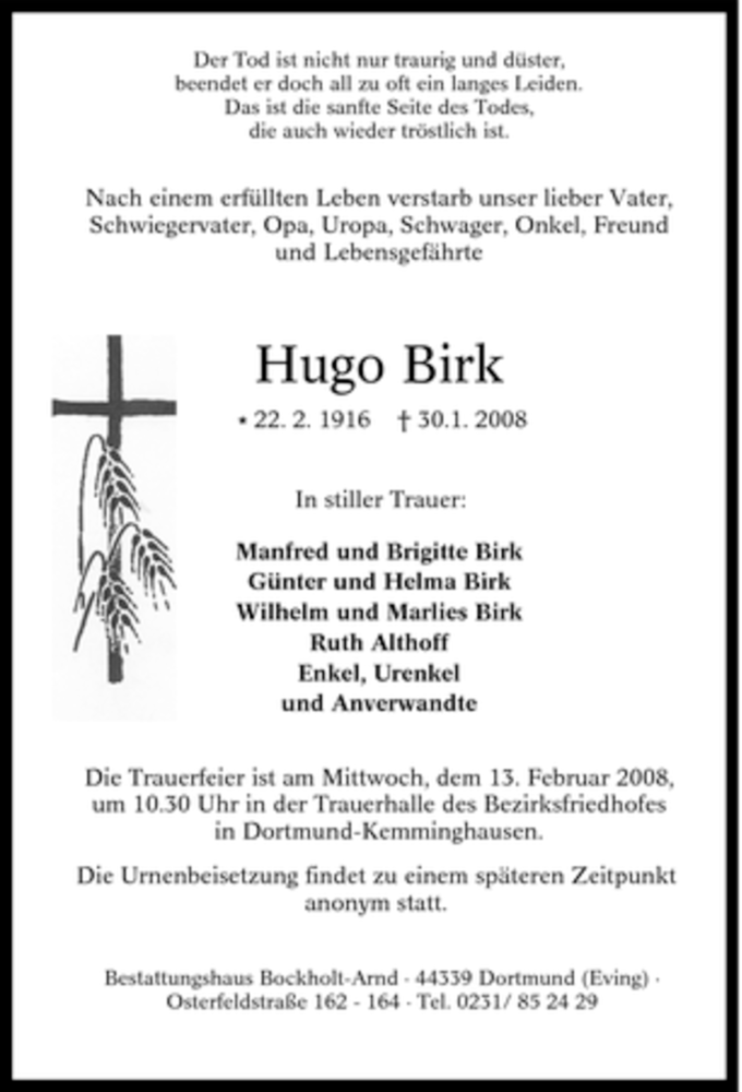 Traueranzeigen von Hugo Birk | Trauer-in-NRW.de
