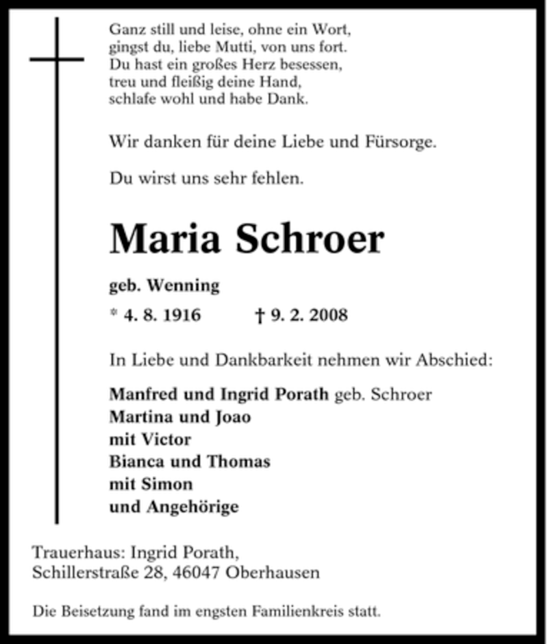 Traueranzeigen von Maria Schroer | Trauer-in-NRW.de