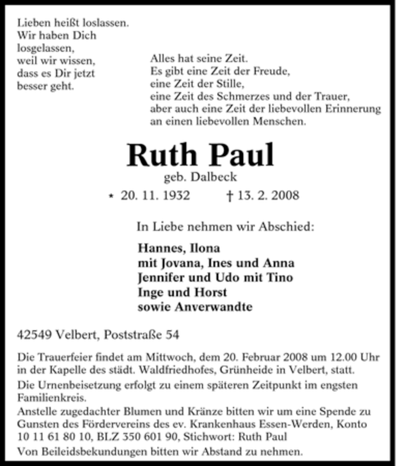Traueranzeigen von Ruth Paul | Trauer-in-NRW.de