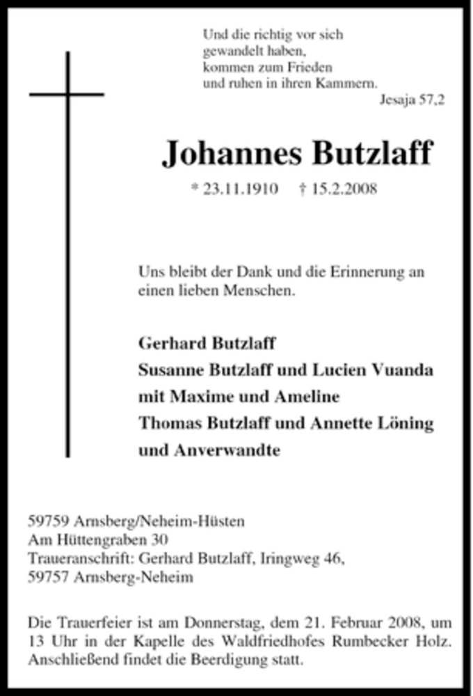 Traueranzeigen von Johannes Butzlaff | Trauer-in-NRW.de