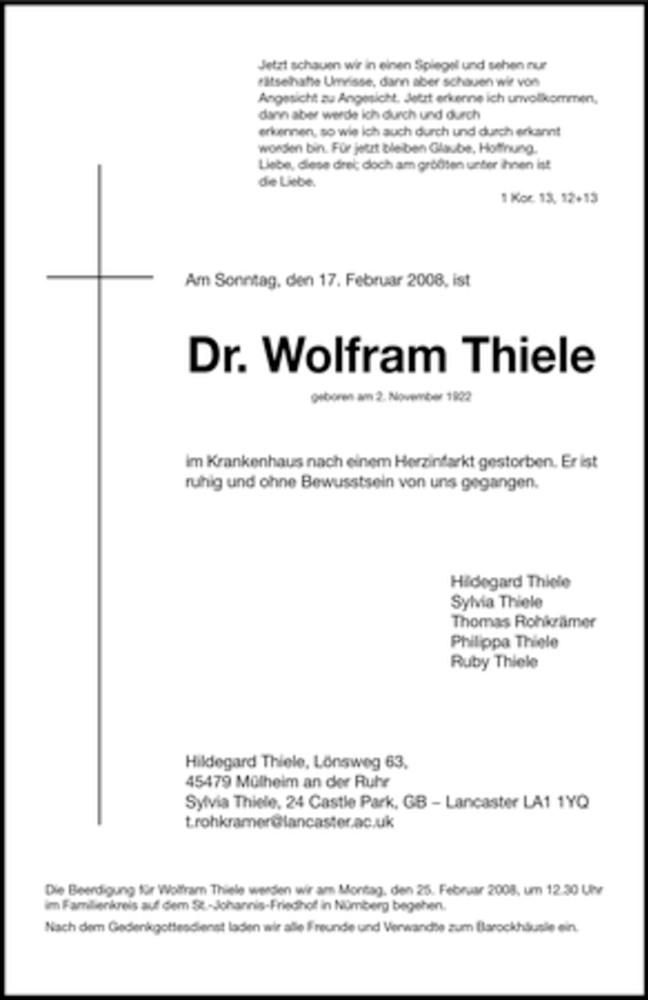 Traueranzeigen von Wolfram Thiele | Trauer-in-NRW.de