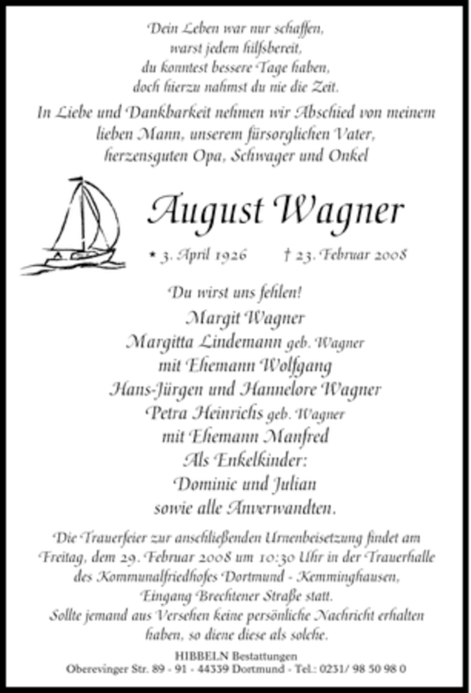 Traueranzeigen von August Wagner | Trauer-in-NRW.de