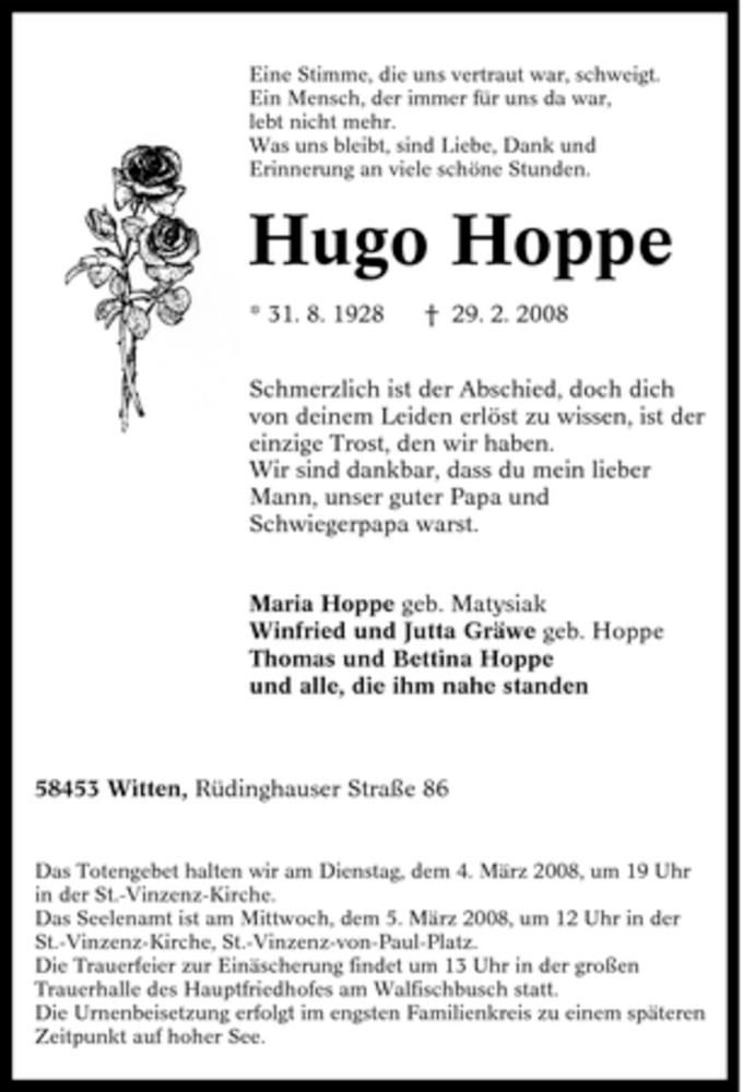 Traueranzeigen von Hugo Hoppe | Trauer-in-NRW.de