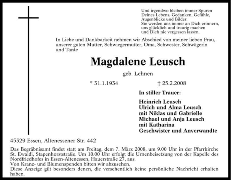 Traueranzeigen von Magdalene Leusch | Trauer-in-NRW.de