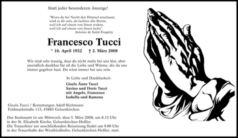 Traueranzeigen von Francesco Tucci | Trauer-in-NRW.de