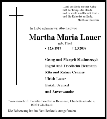 Traueranzeigen von Martha Maria Lauer | Trauer-in-NRW.de