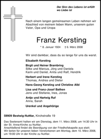 Traueranzeigen von Franz Kersting | Trauer-in-NRW.de