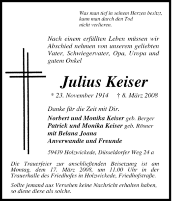 Traueranzeigen von Julius Keiser | Trauer-in-NRW.de