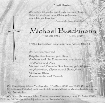 Traueranzeigen von Michael Buschmann | Trauer-in-NRW.de