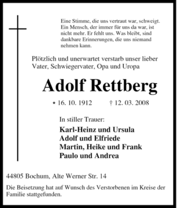 Traueranzeigen von Adolf Rettberg | Trauer-in-NRW.de