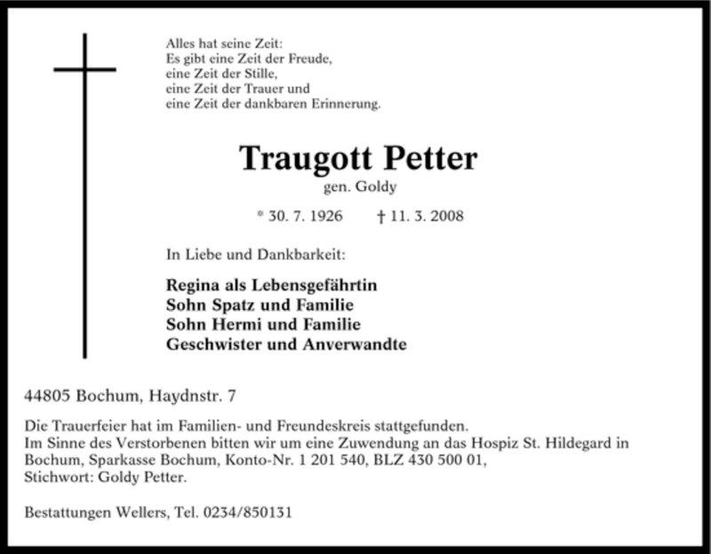 Traueranzeigen von Traugott Petter | Trauer-in-NRW.de