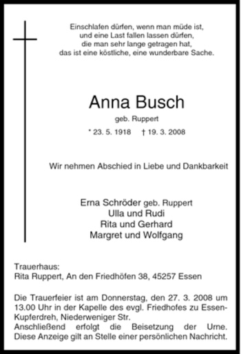 Traueranzeigen von Anna Busch | Trauer-in-NRW.de