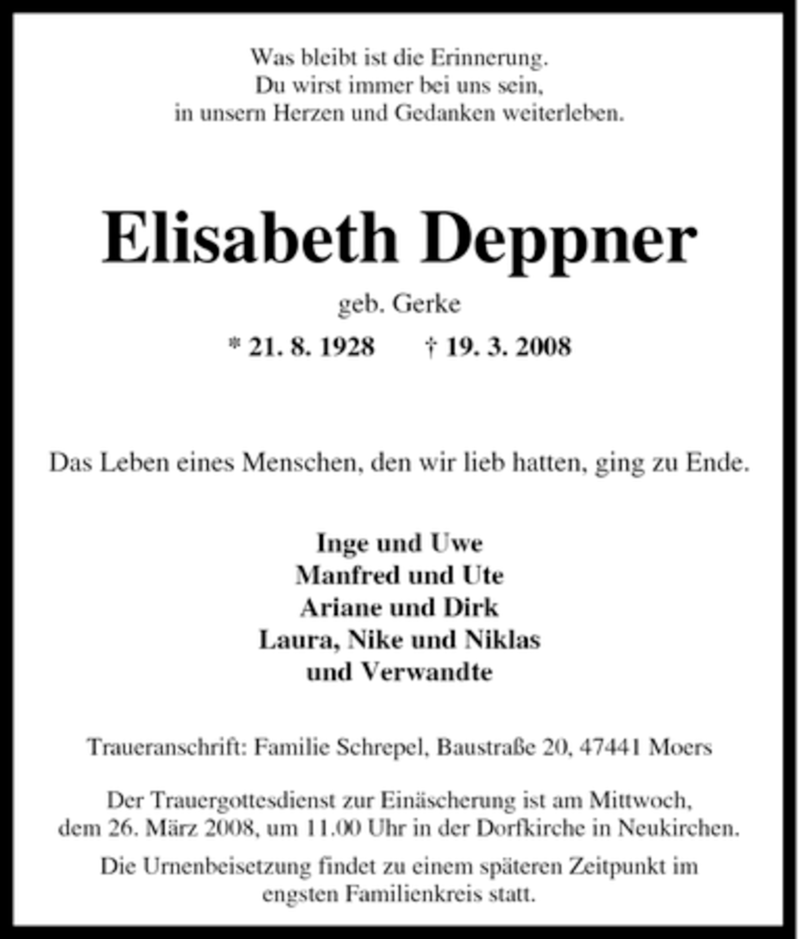 Traueranzeigen von Elisabeth Deppner | Trauer-in-NRW.de