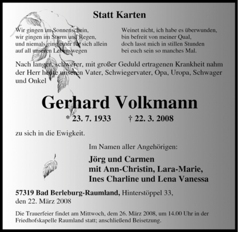 Traueranzeigen von Gerhard Volkmann | Trauer-in-NRW.de