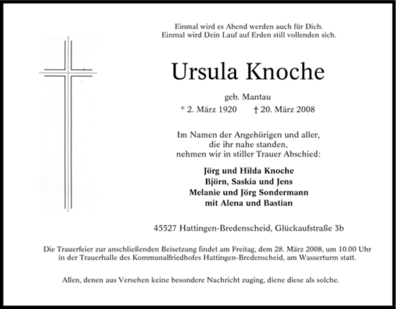 Traueranzeigen von Ursula Knoche | Trauer-in-NRW.de