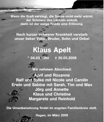 Traueranzeigen von Klaus Apelt | Trauer-in-NRW.de