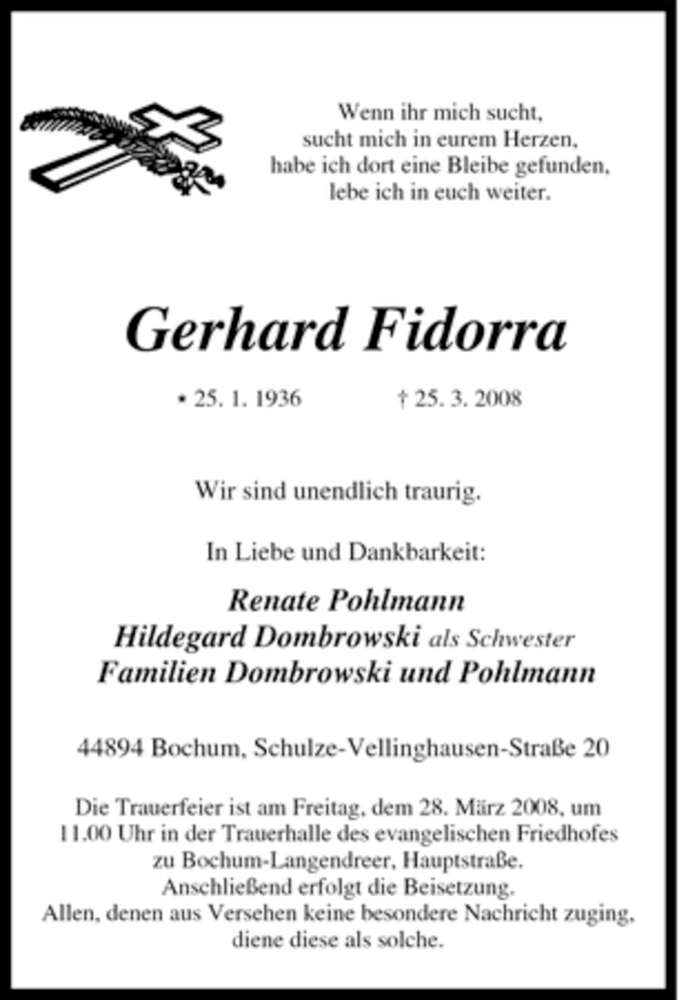Traueranzeigen von Gerhard Fidorra | Trauer-in-NRW.de