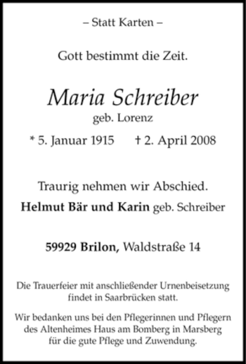 Traueranzeigen von Maria Schreiber | Trauer-in-NRW.de