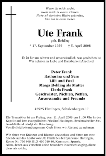 Traueranzeigen von Ute Frank | Trauer-in-NRW.de
