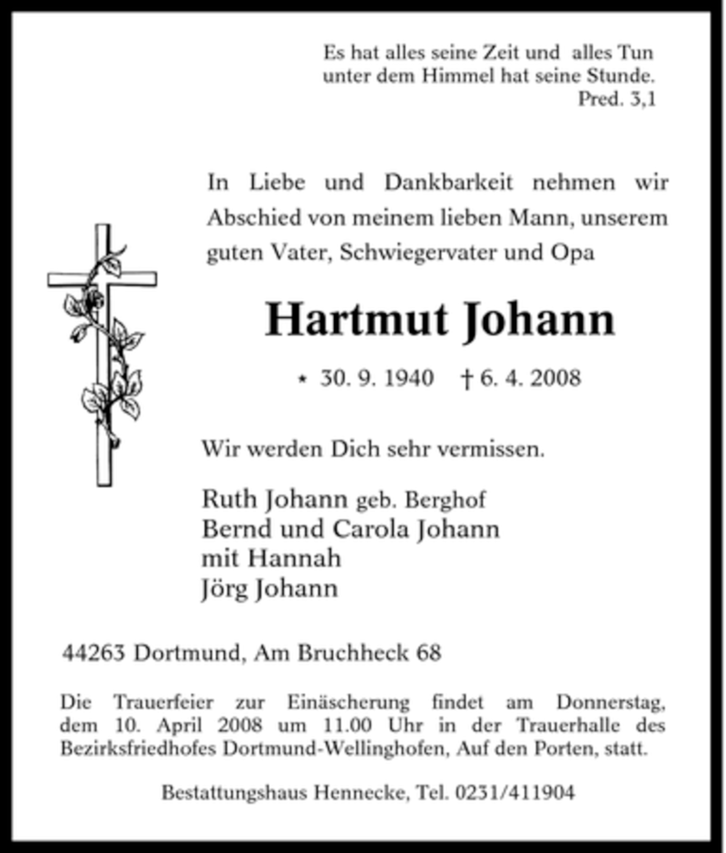 Traueranzeigen von Hartmut Johann | Trauer-in-NRW.de