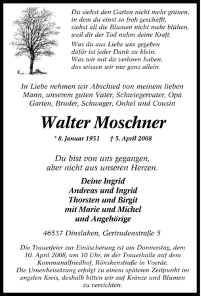 Traueranzeigen von Walter Moschner | Trauer-in-NRW.de