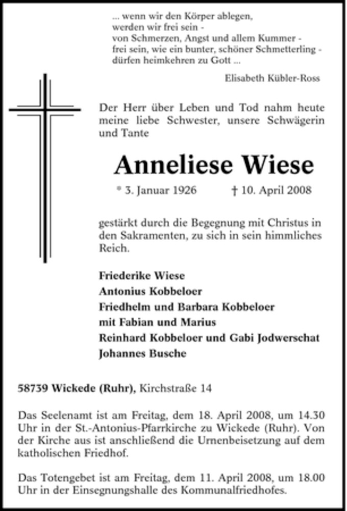 Traueranzeigen von Anneliese Wiese | Trauer-in-NRW.de