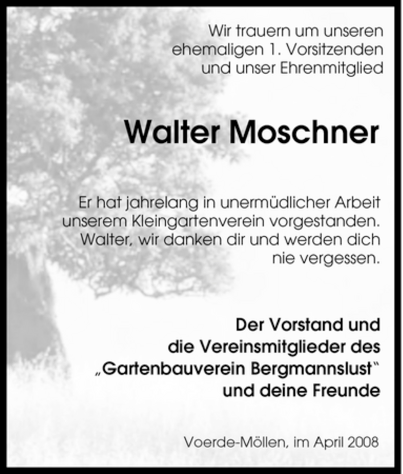 Traueranzeigen von Walter Moschner | Trauer-in-NRW.de