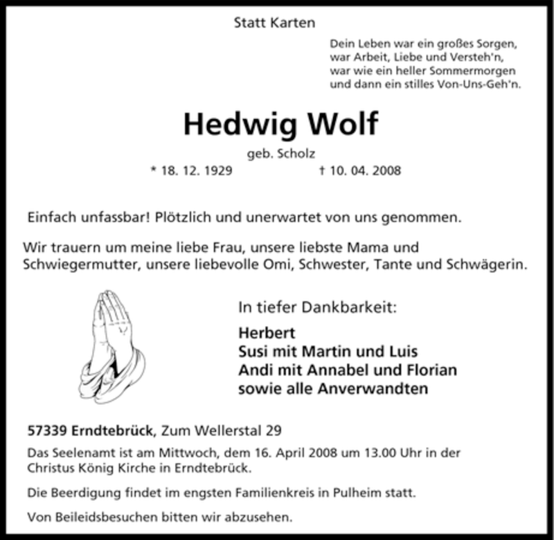 Traueranzeigen von Hedwig Wolf | Trauer-in-NRW.de