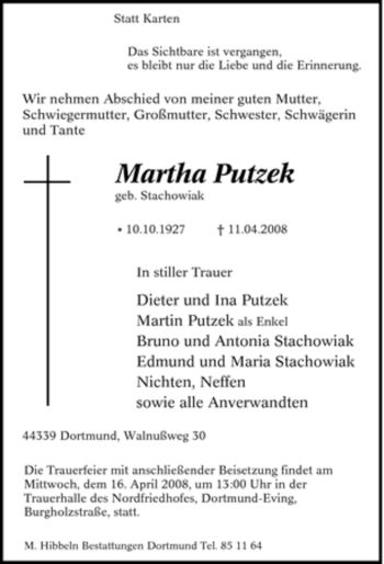 Traueranzeigen von Martha Putzek | Trauer-in-NRW.de